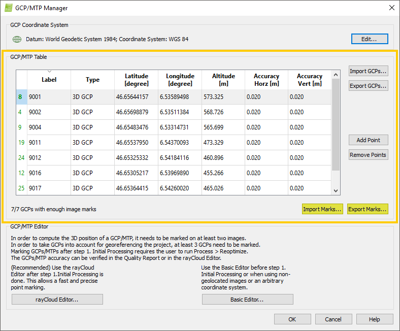Menu Project > GCP / MTP Manager... > GCP / MTP Table > Import / Export Marks - PIX4Dmapper